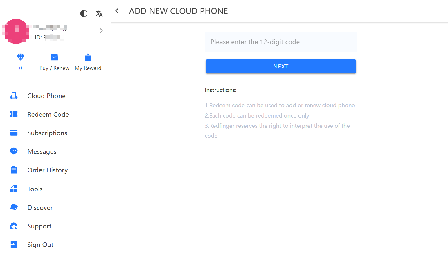Use redeem code on Redfinger cloud phone